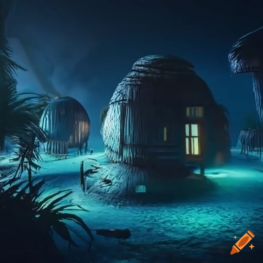 Sci-fi inspired village at night, superadobe huts, primitive futurism ...