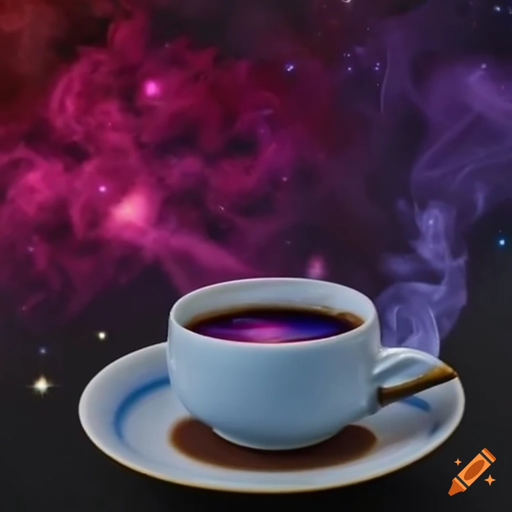 A magical coffee cup surrounded by cosmic smoke and stars