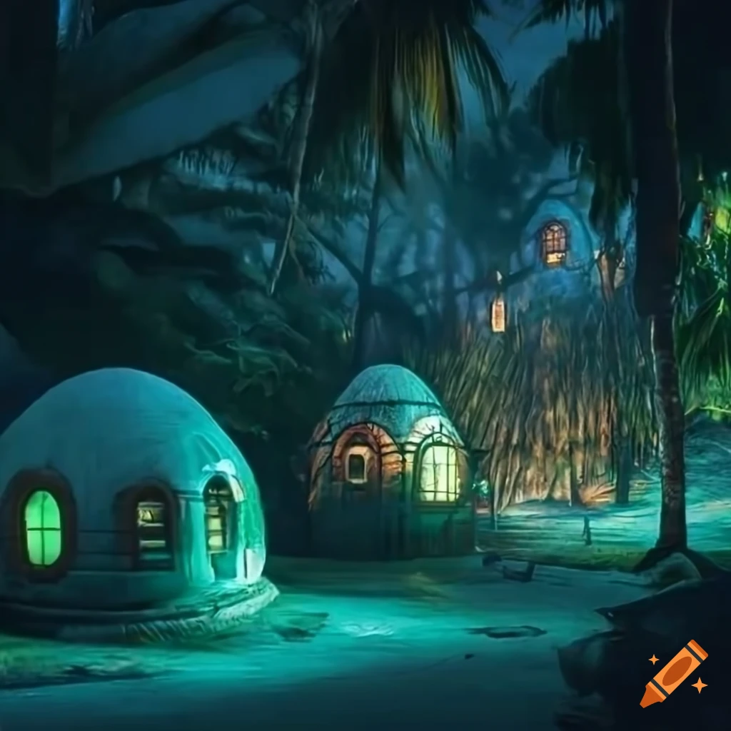 Sci fi inspired village at night, superadobe huts, primitive futurism ...