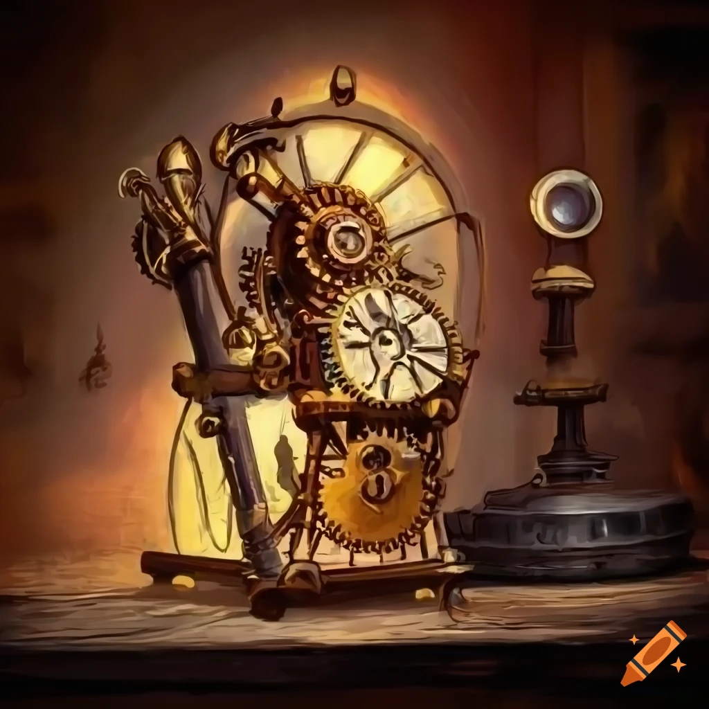 Fantasy art style, steampunk device sits in a workshop, focus on the ...