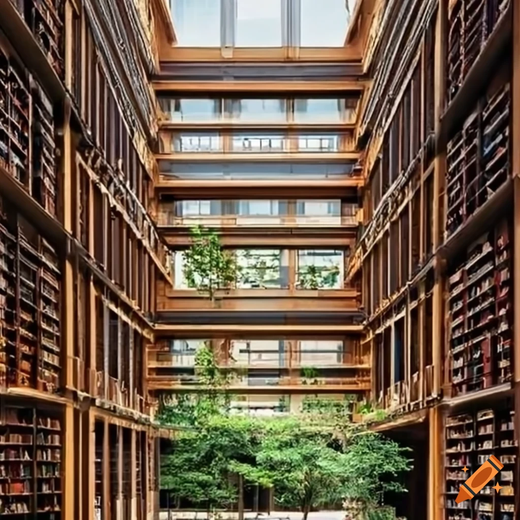 Great library, plants, wooden cladding, glazed facades, 50 person ...