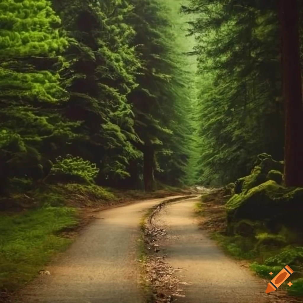 A swervy road through a pine forest full of rocks and with a few fences ...