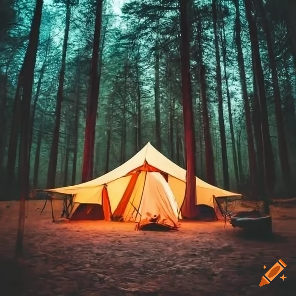 Luxury tent in a serene forest with a cozy bonfire