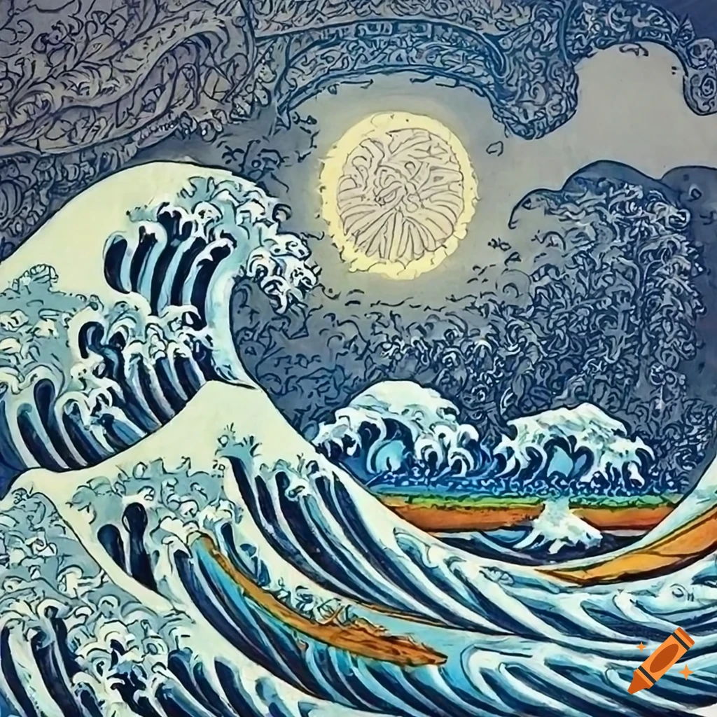 An indian folk art interpretation of the great wave on Craiyon