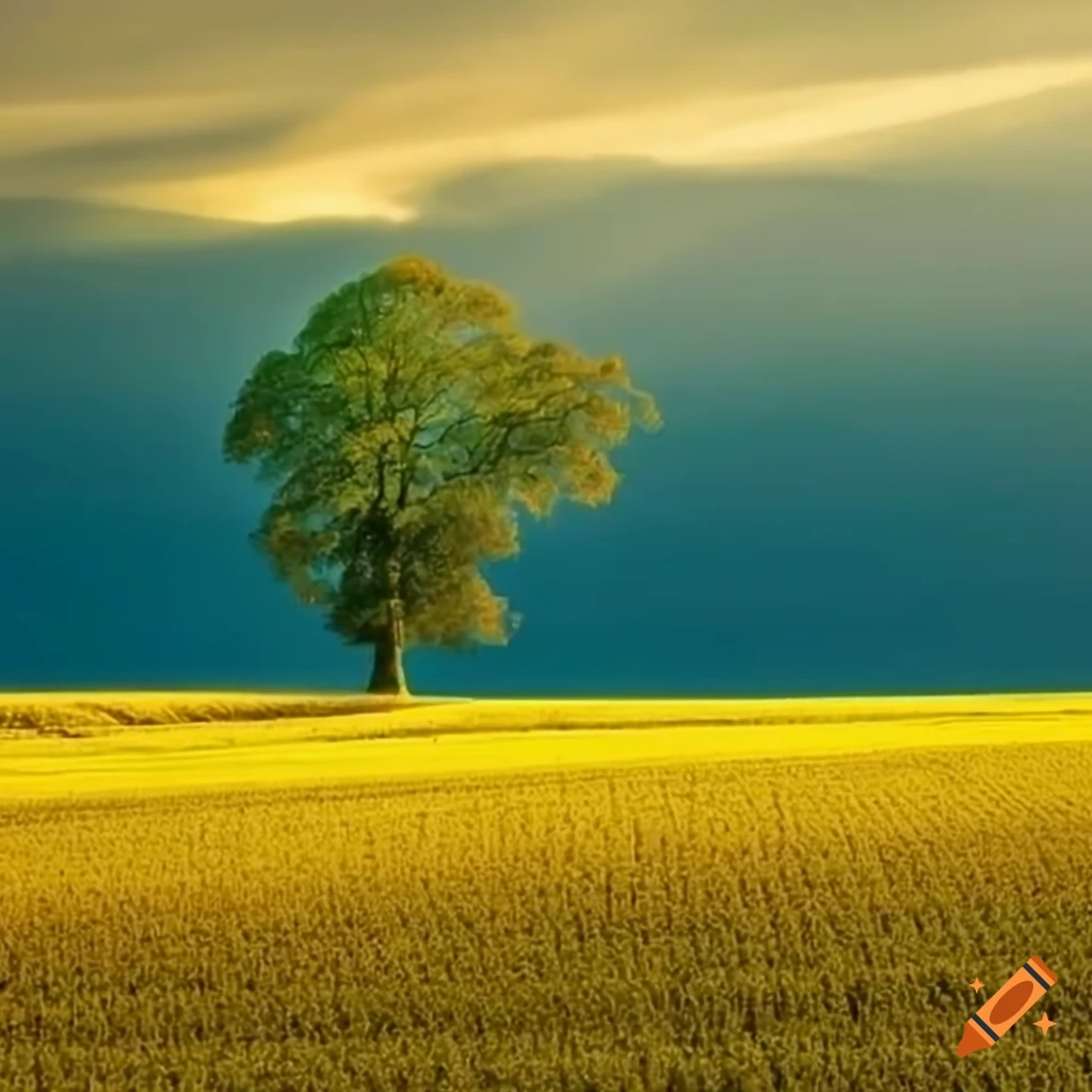 Green and yellow fields afternoon view with one tree
