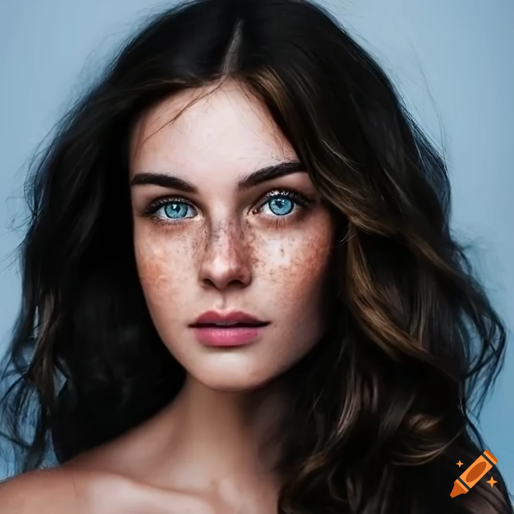 Beautiful young woman shoulder-length dark hair very light freckles