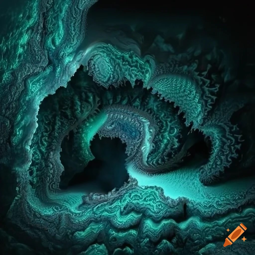 Deep dark fractalized cave with raw emerald crystals