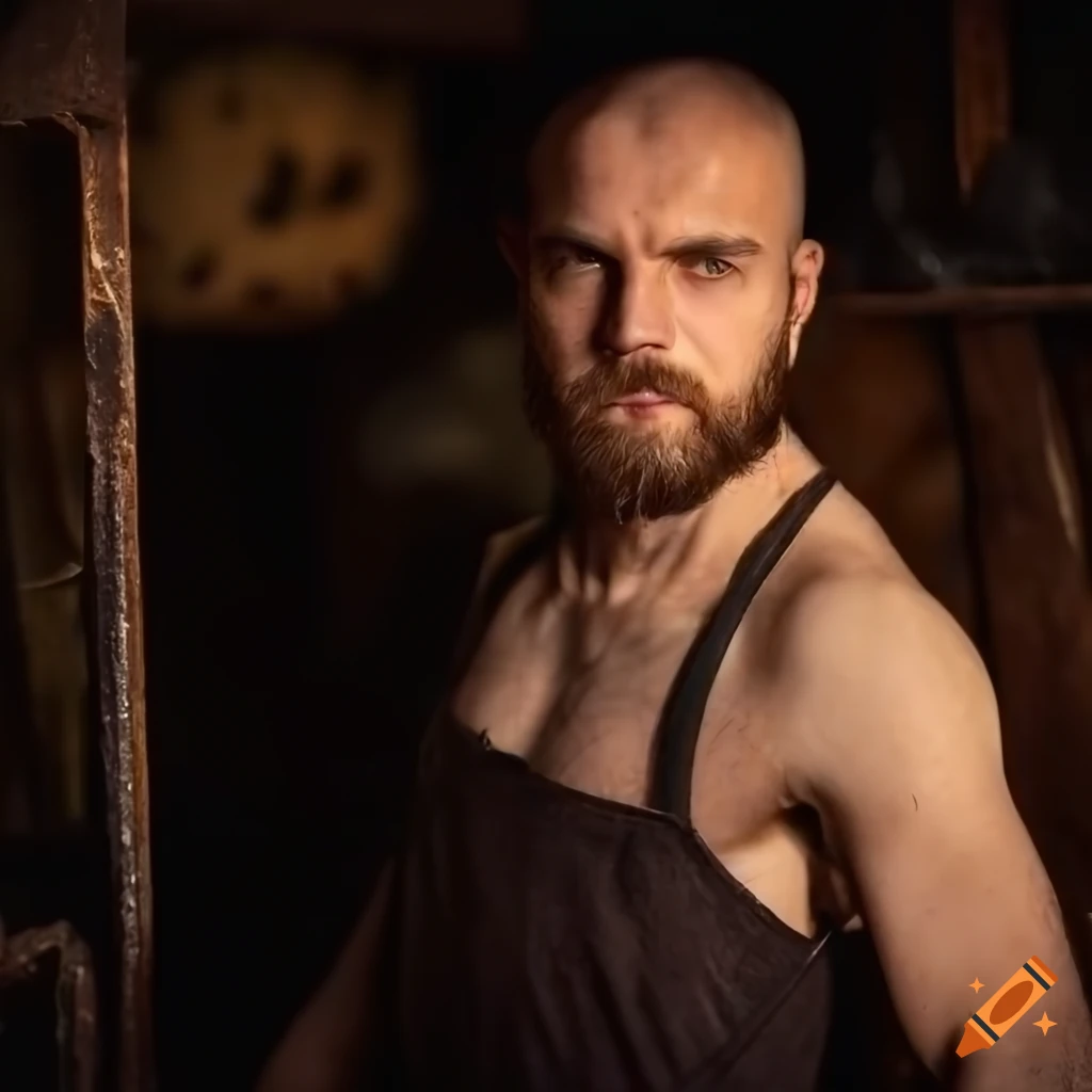 Close-up photo, high detailed, Portrait of a muscular, young blacksmith with short beard in his ...