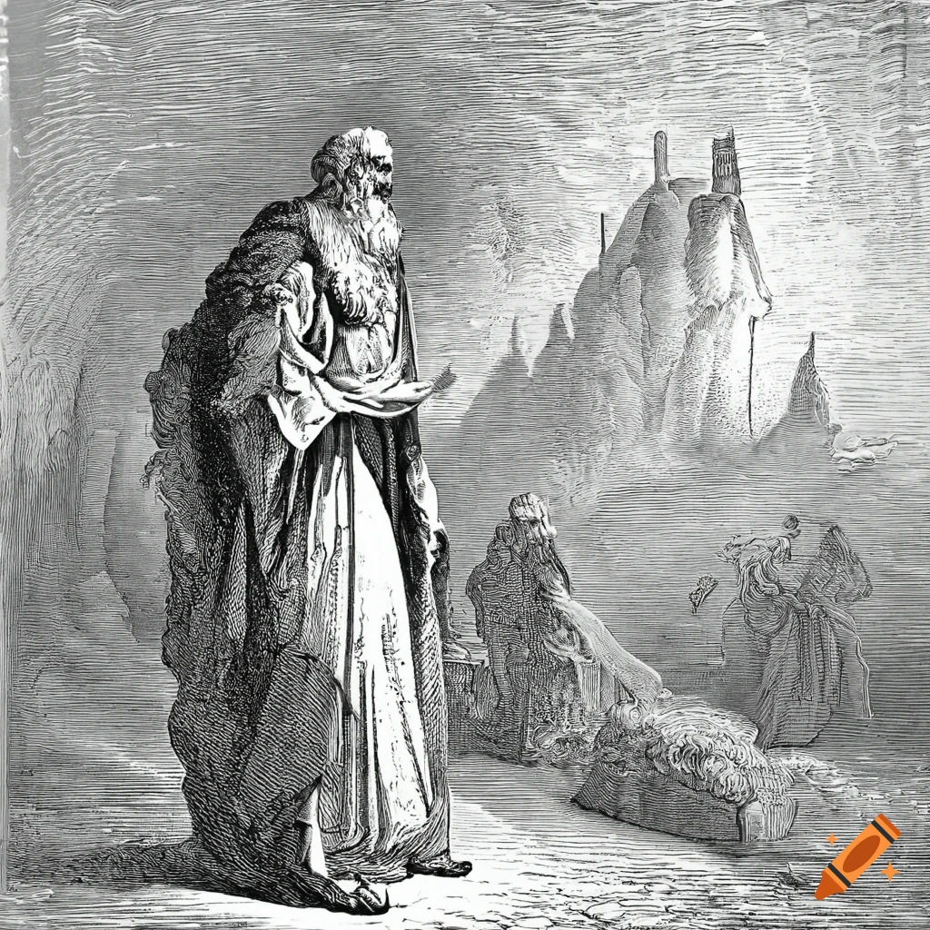 An engraved illustration of moses by gustave doré stone tablet black and white on Craiyon
