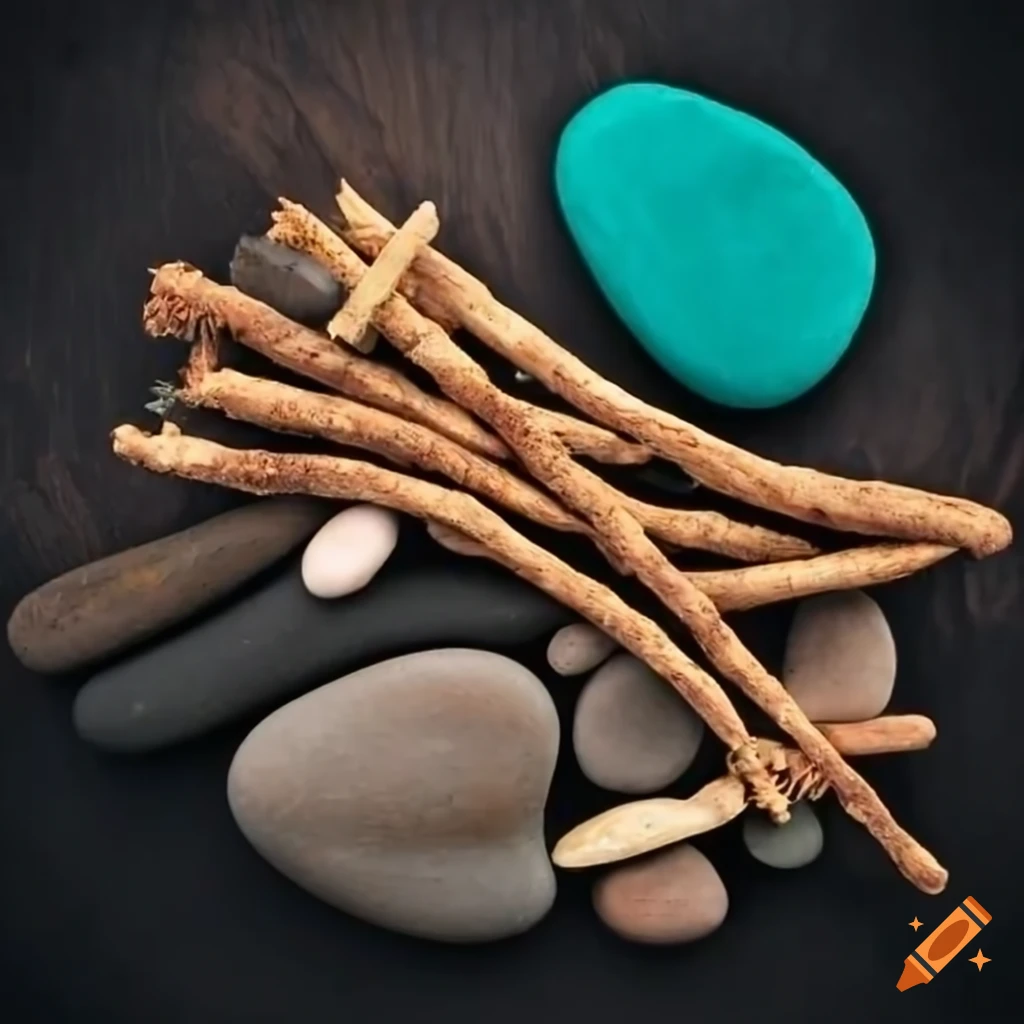 Interesting flat lay arrangement of natural sticks and stones on Craiyon