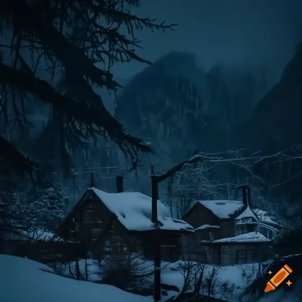 A spooky snowy village in the mountains surrounded by dark woods