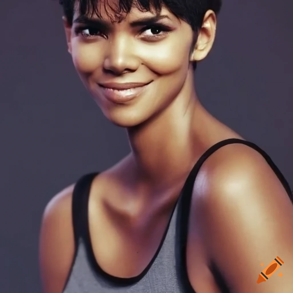 Young Halle Berry with black pixie haircut, and a gray tank top ...