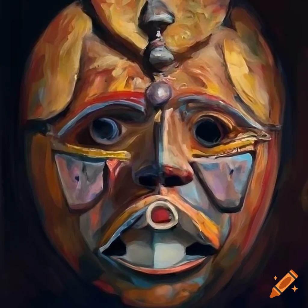 A symmetrical ethnic mask resembling a man's face. The mask should ...