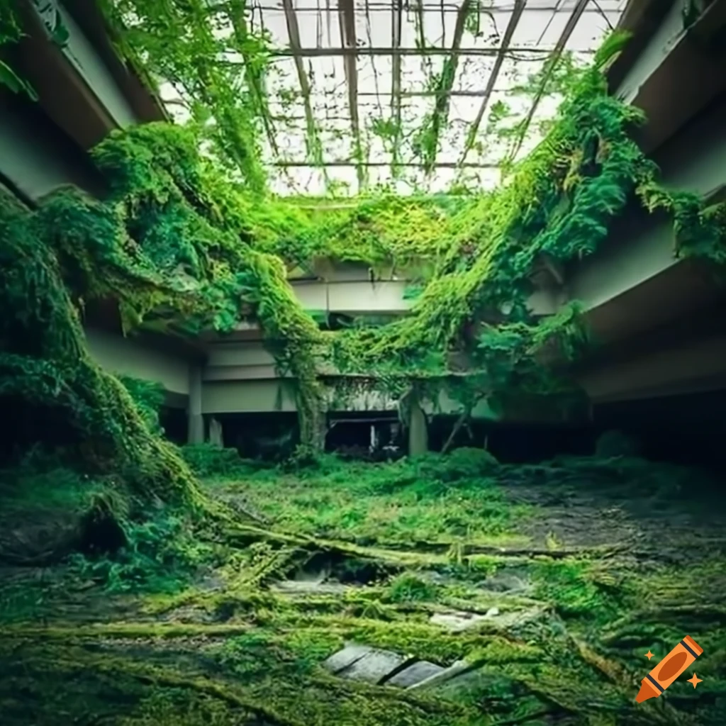 Inside a abandoned mall overgrown with vines moss and a tree on Craiyon