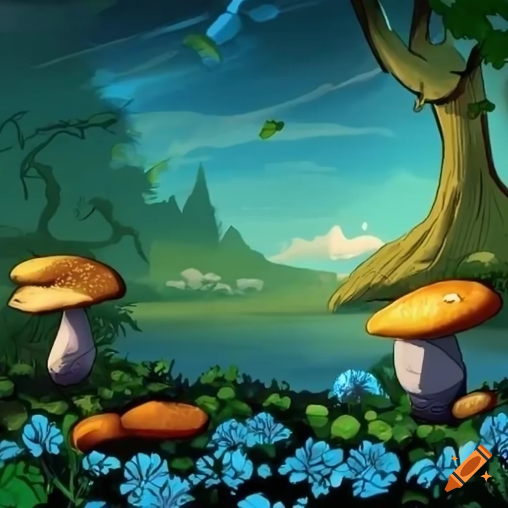 A beautiful landscape in Rayman style, with giant mushrooms, giant ...