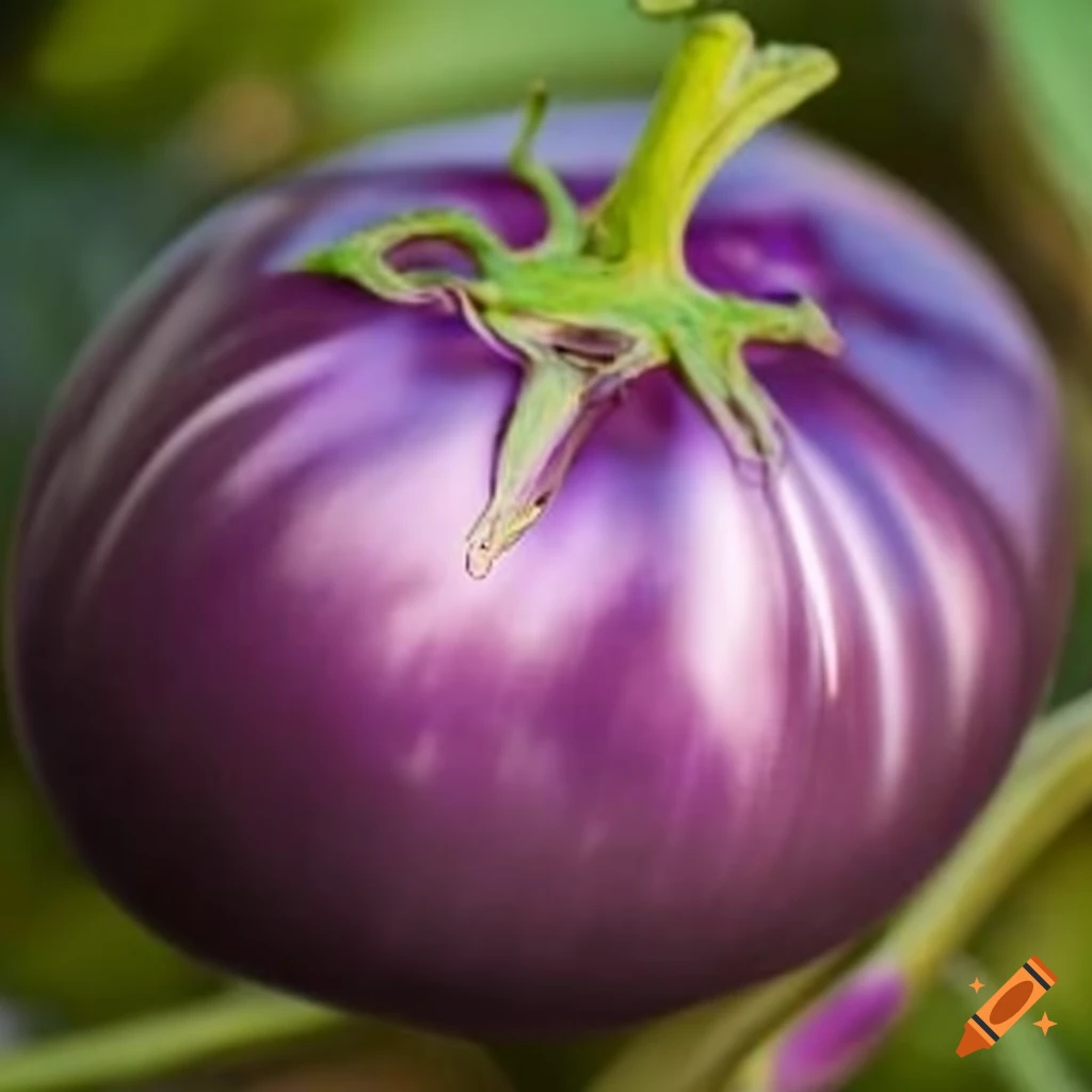Round light purple american globe eggplants on the vine on Craiyon