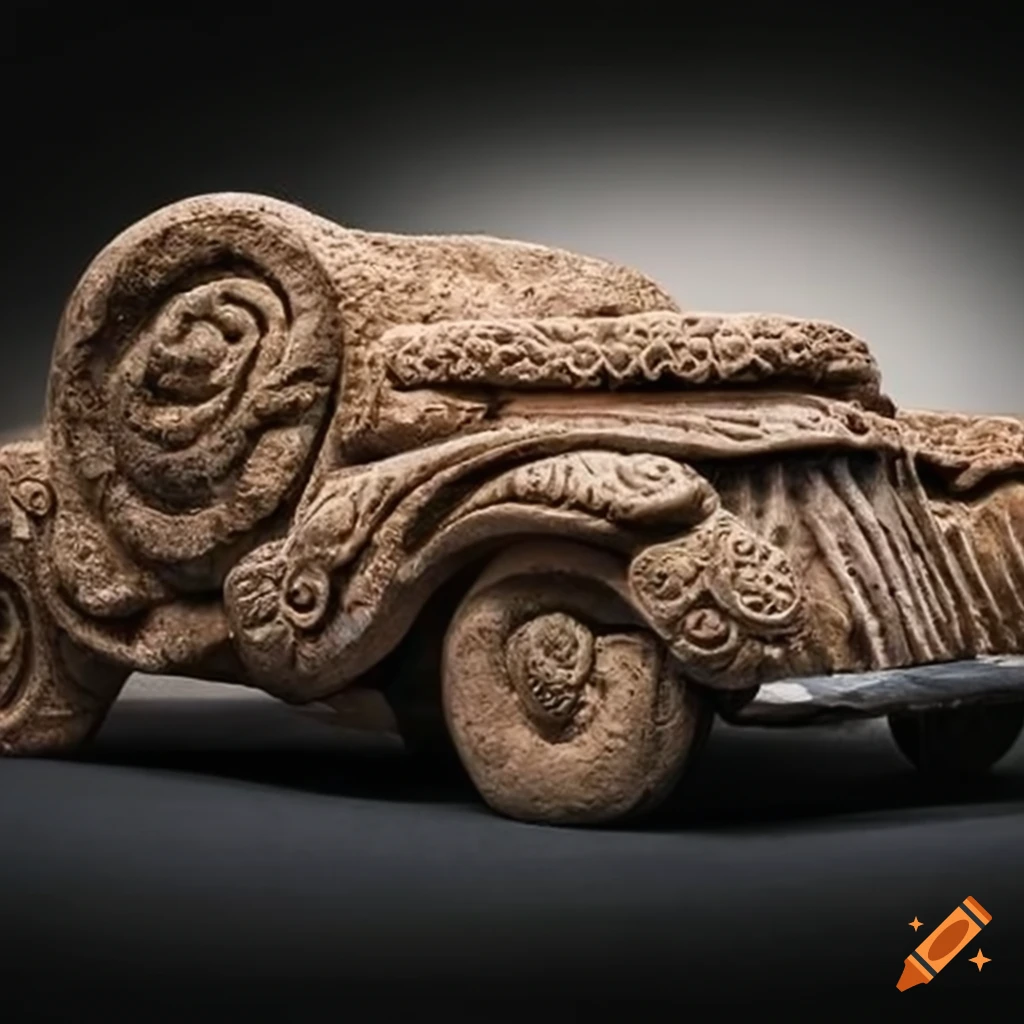 Stone carving of a car, combining ancient and modern styles on Craiyon