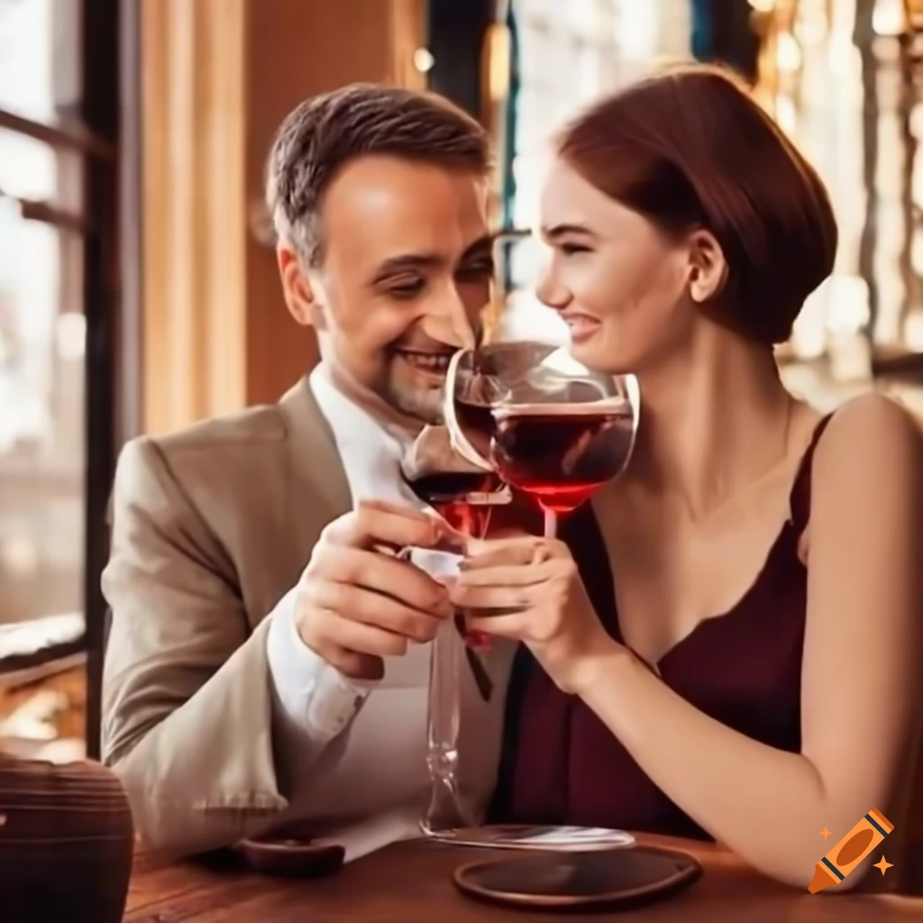 Happy couple sipping wine in parisian cafe