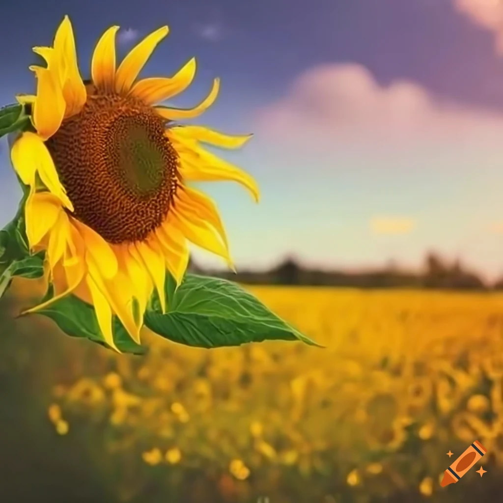 Field of wild flowers with sunflower on the side and patchy clouds on Craiyon