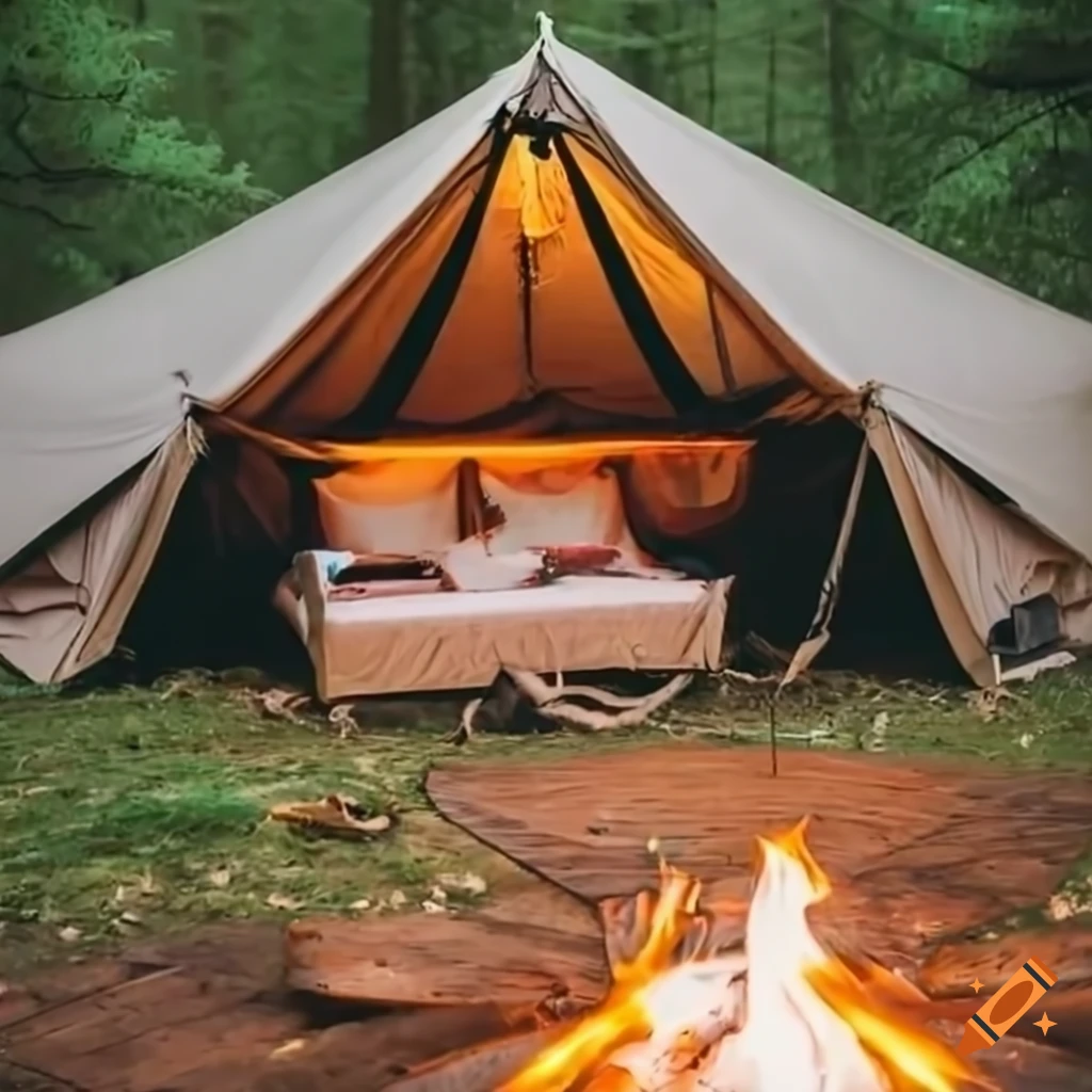 Glamping setup with firepit in peaceful woods
