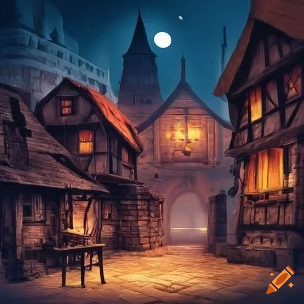 Nighttime outside medieval tavern