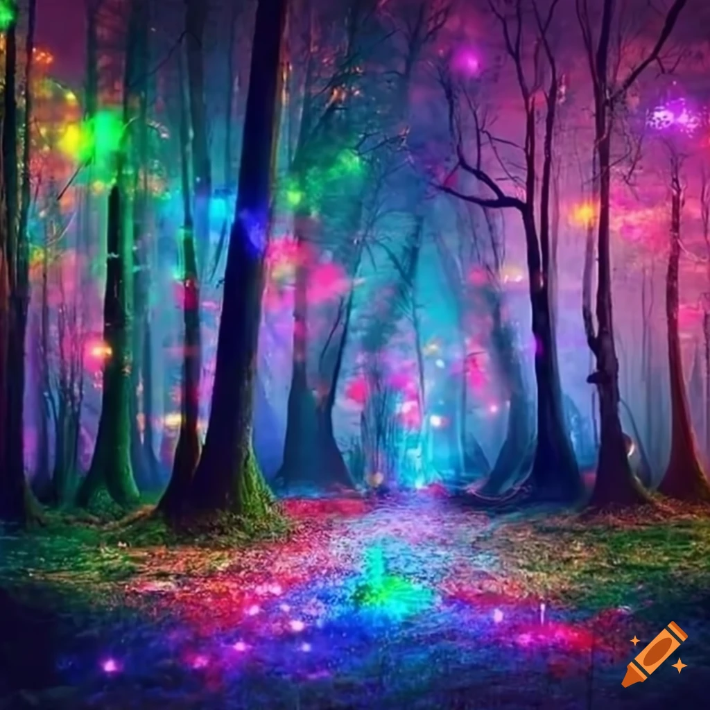 A magical forest with glowing trees and colorful lights