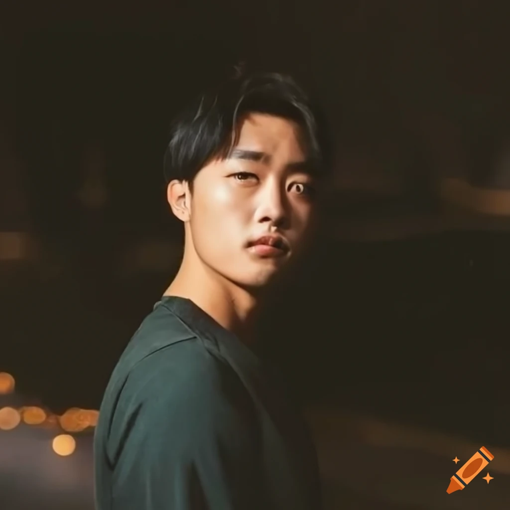 Shot of handsome asian male from far away evening outdoor background ...