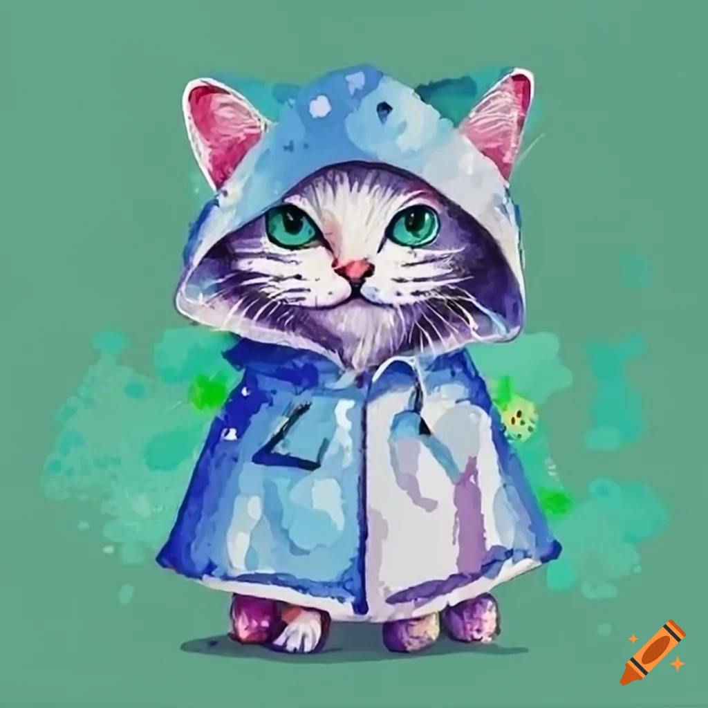 A white cat in a blue raincoat