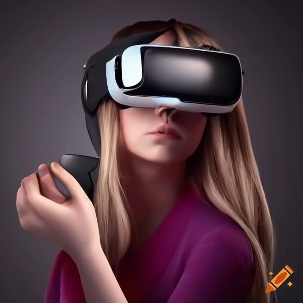 Blonde girl wearing apple vision pro vr glass