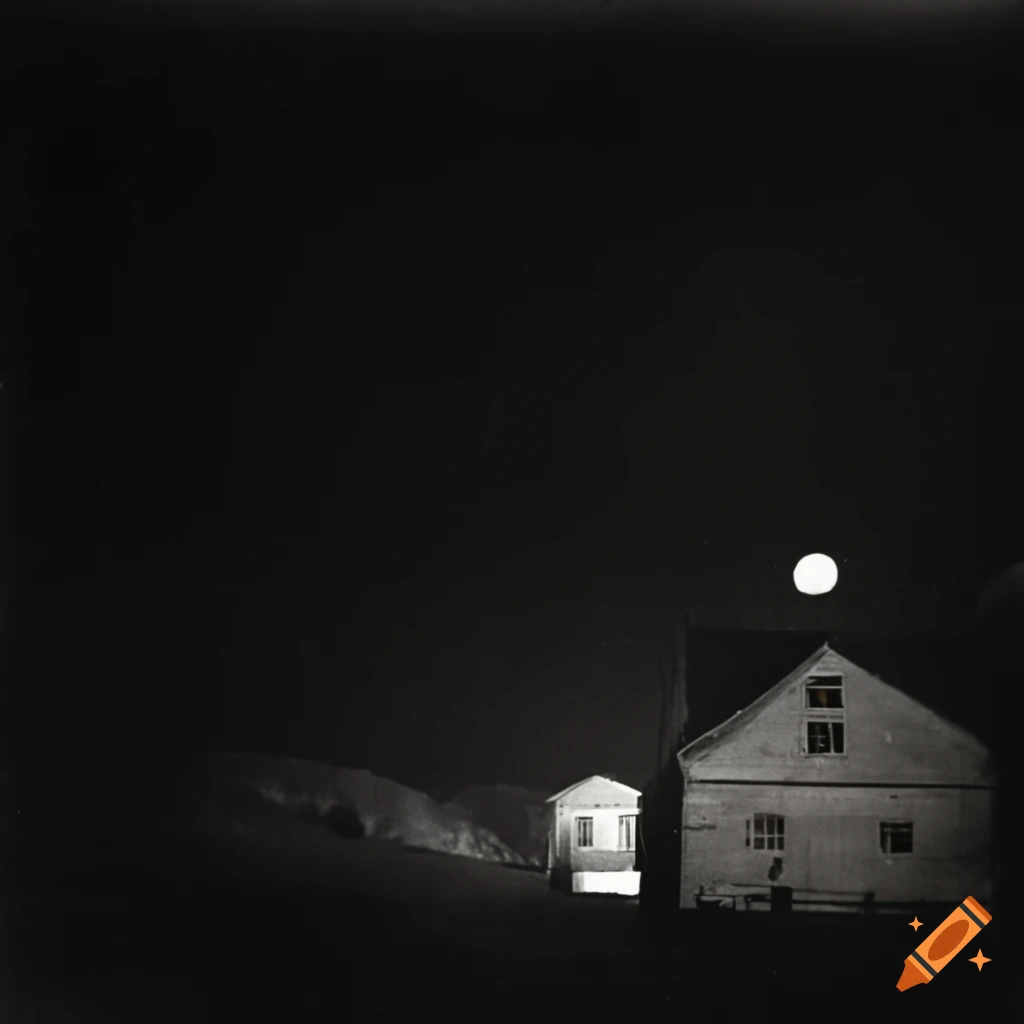 1950s low quality black and white photo of a farm at night