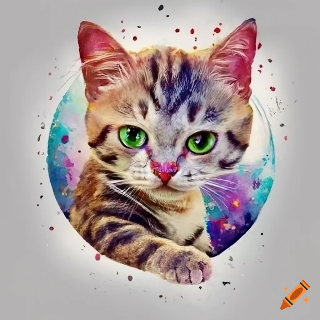 A cute kitty surrounded by watercolor splashes, round shape on Craiyon