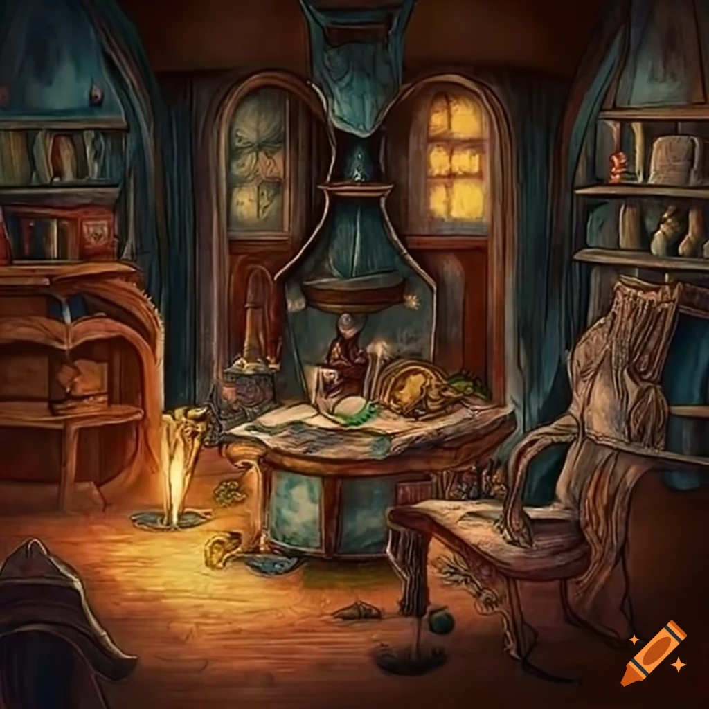 Magical interior of a wizard's home with books and potions