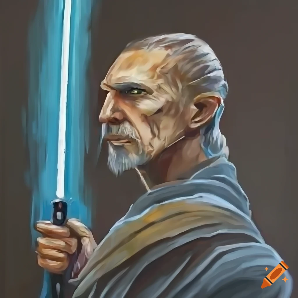 Middle age human jedi warrior wearing glasses with a blue lightsaber ...