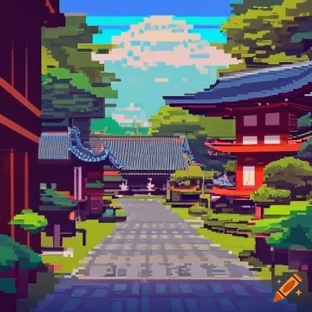 Japanese pixelated street with a peaceful garden and a shrine