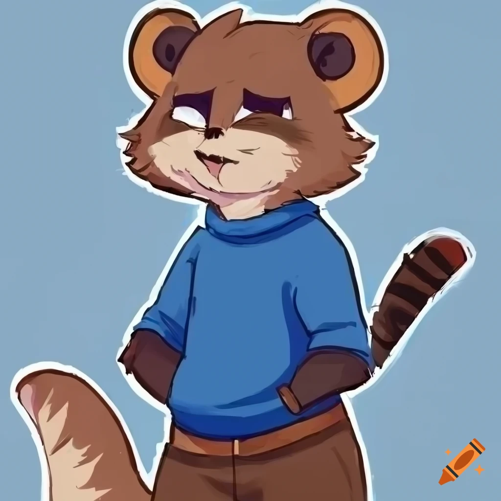 Anthropomorphic tanuki fursona wearing blue sweater and brown pants, 2d ...