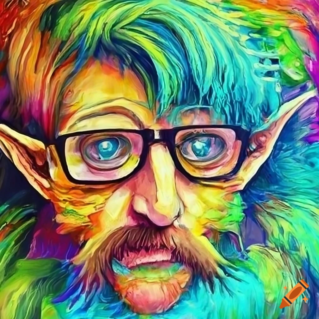Surreal, absurd, comforting, glasses wearing bearded goblin, trickster ...