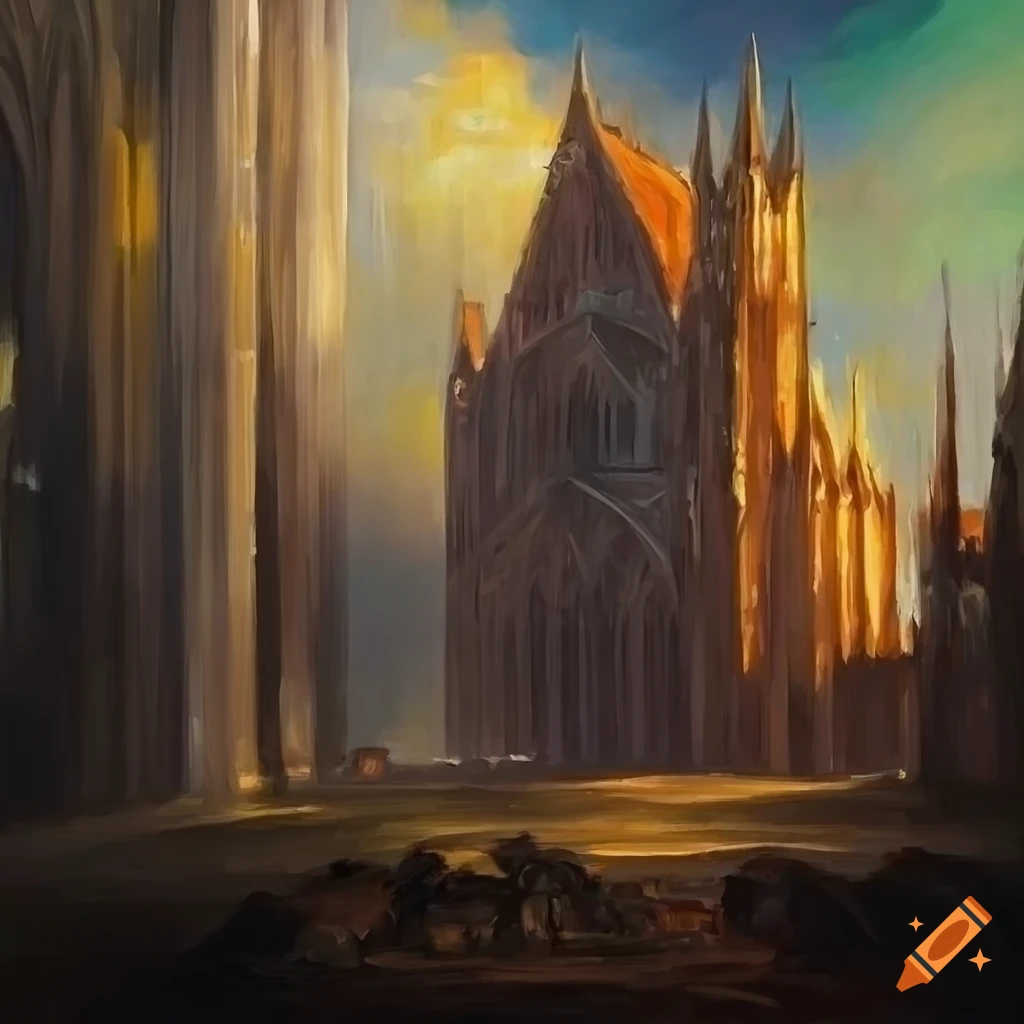 A huge fantastic gothic cathedral, detailed oil painting, sunlight ...