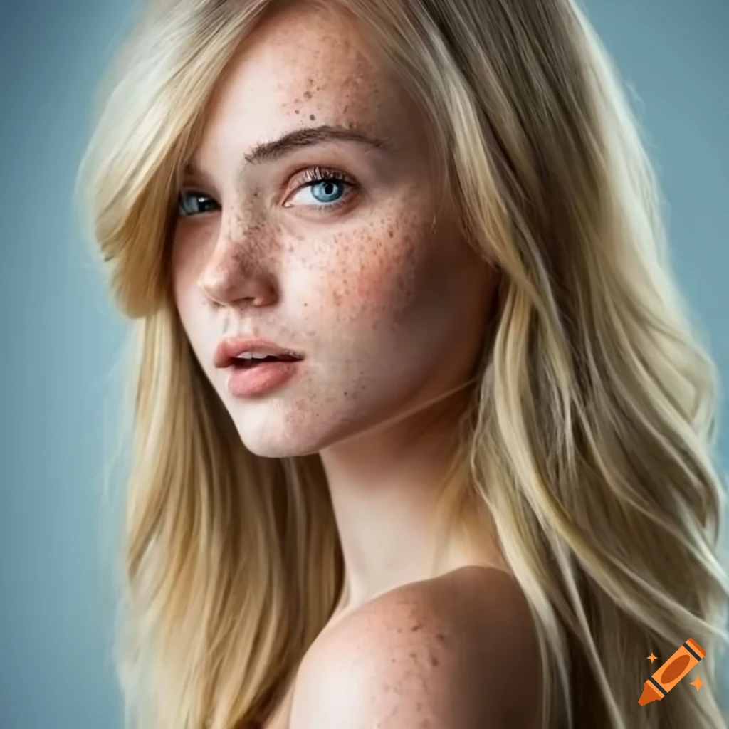 Beautiful young woman shoulder-length blonde hair very light freckles on Craiyon