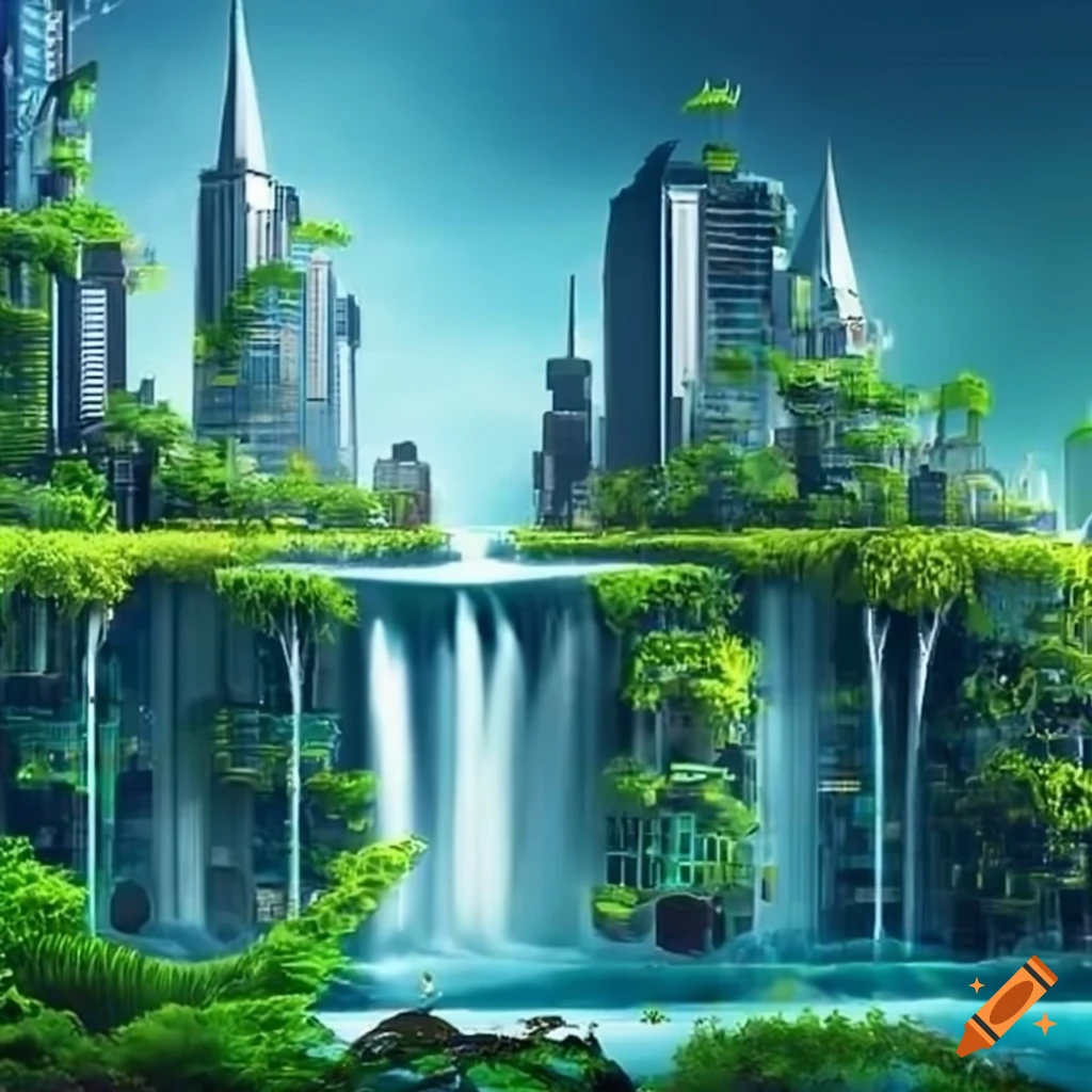Futuristic city with green plants and waterfalls