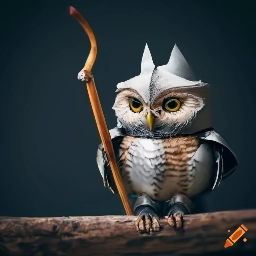 A cute furry tiny owlet wearing knight armor, carry a bow and arrow ...