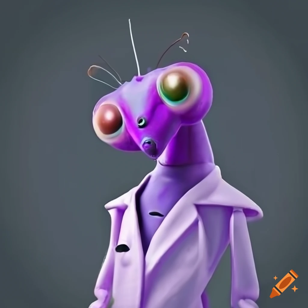Cute purple humanoid praying mantis in a lab coat on Craiyon