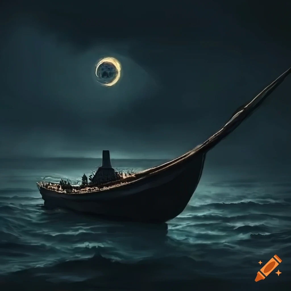 A dark boat cruising towards an unknown destination at night MYSTERY ...
