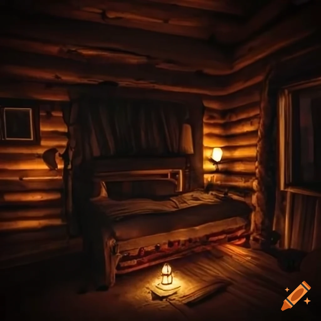 Log cabin bedroom at nighttime