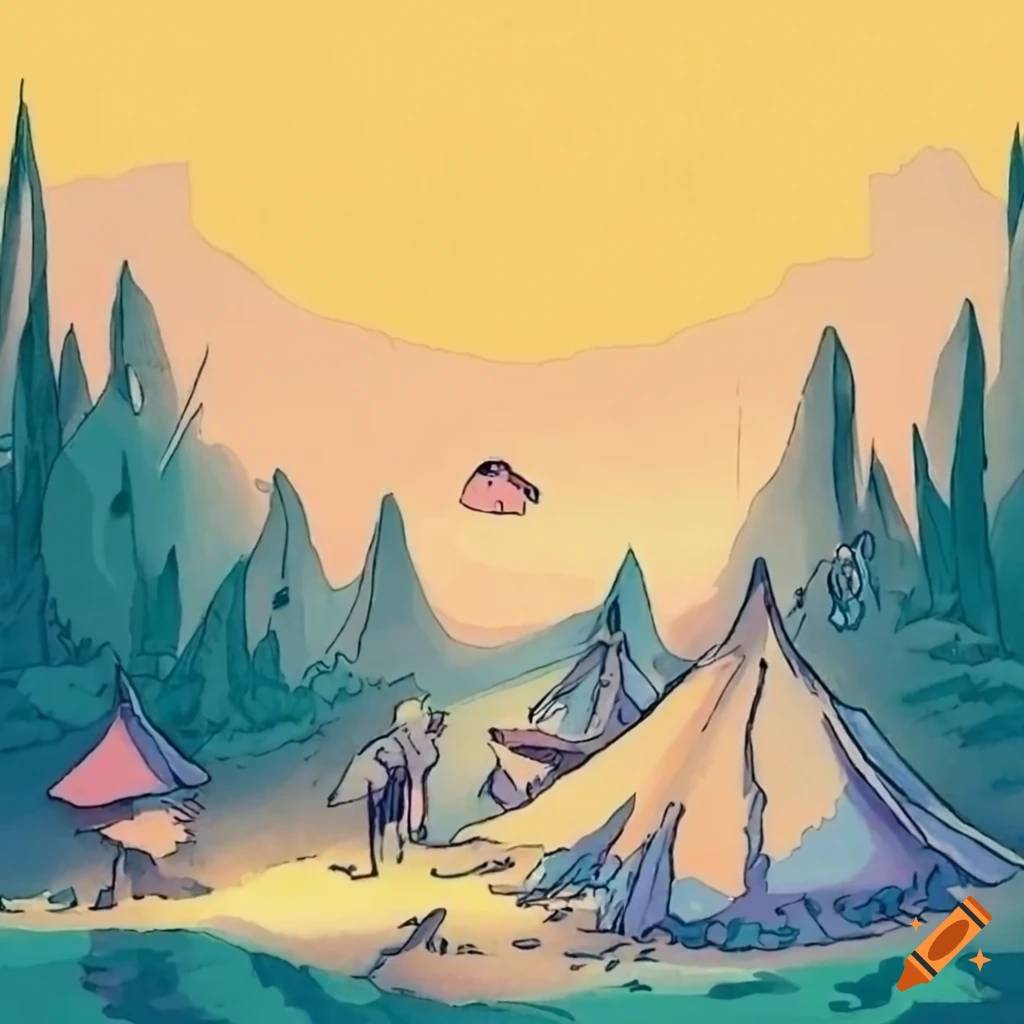 Explorer encampment in forest near cave, ink drawing, by Hayao Miyazaki ...