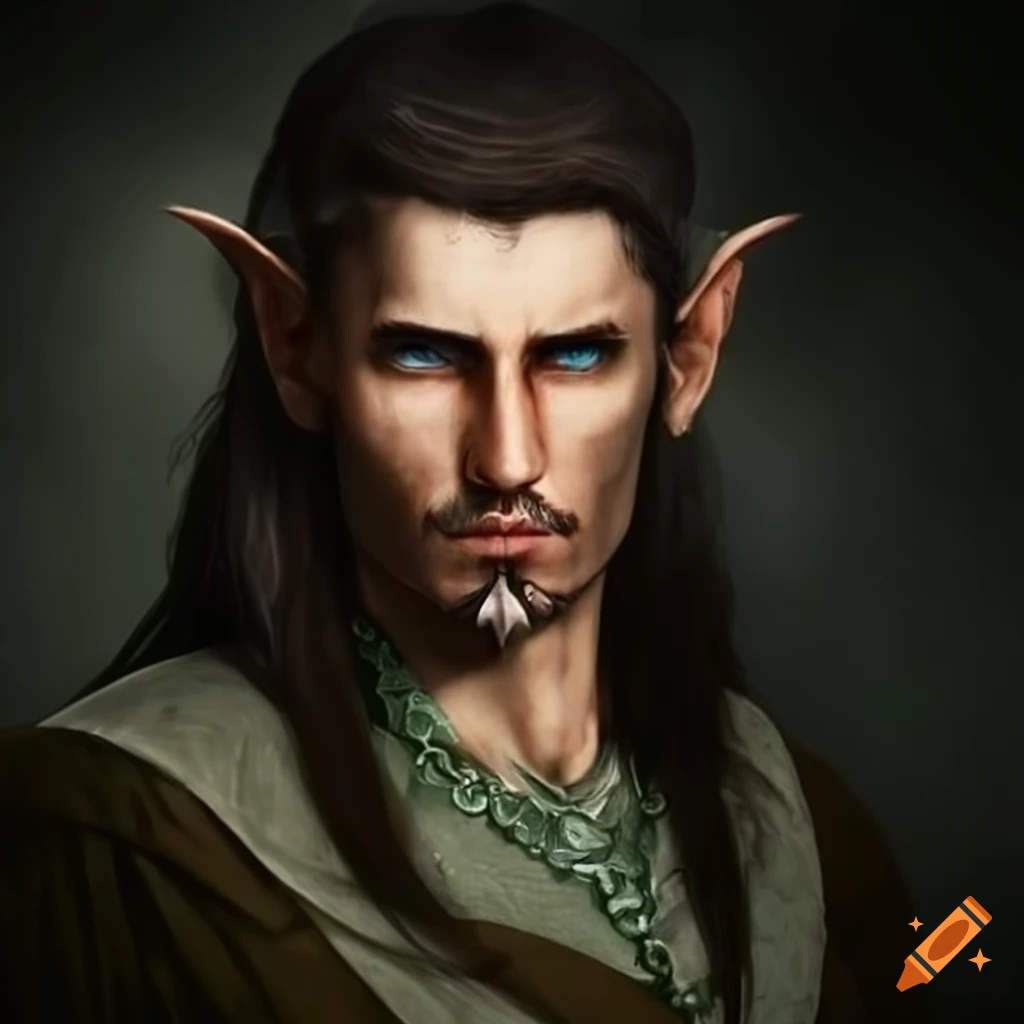 Well dressed fantasy noble elven man in his 40s with dark hair and grey ...
