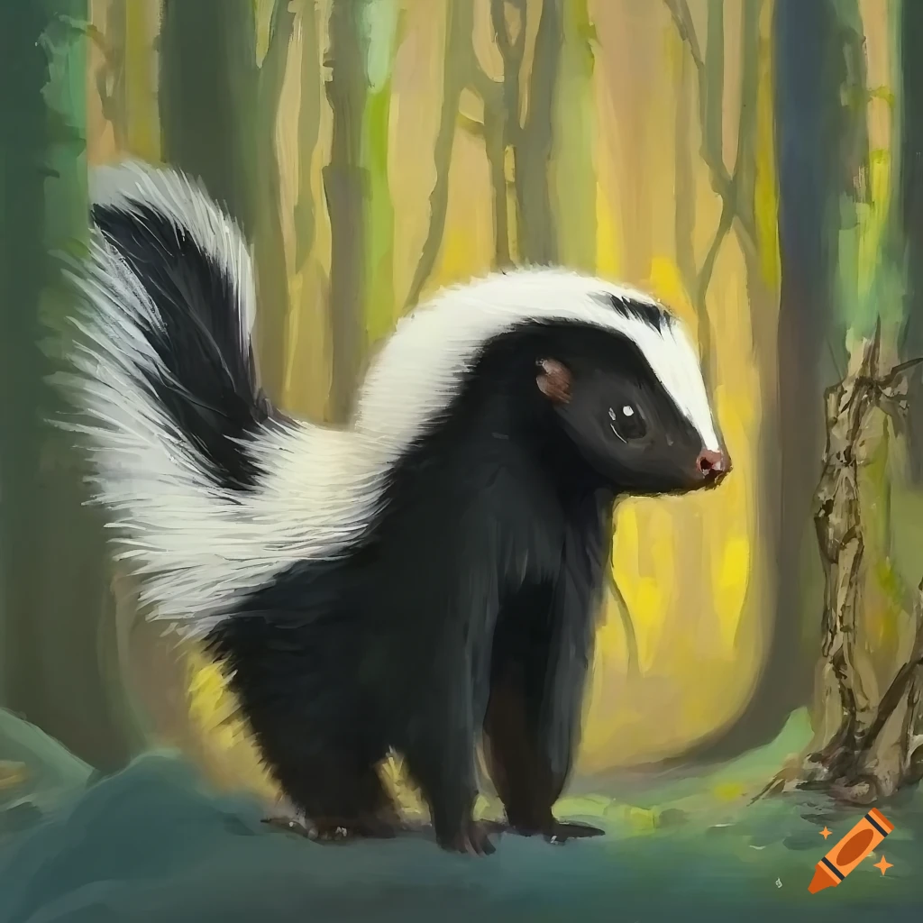 A skunk in a forest, looking back with raised tail, painting