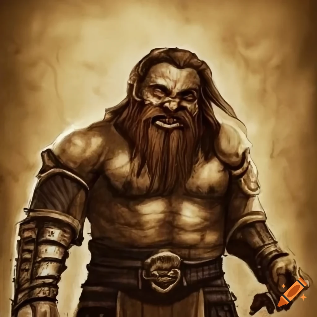 Smiling dwarf warrior, sepia ink on parchment