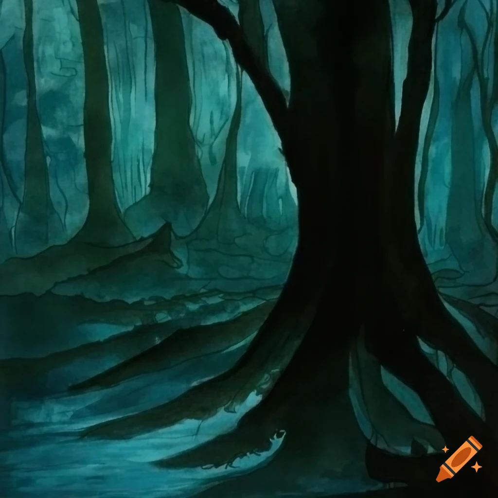 Forest labyrinth, watercolor, Yoshitaka Amano, concept art, wide angle ...