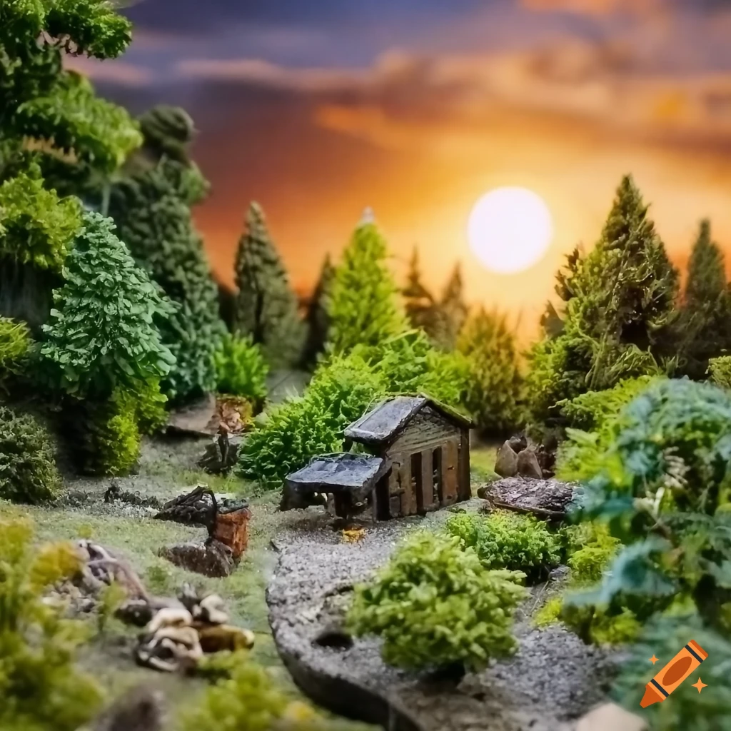 A miniature forest with sunset, miniature, diorama, product photo on ...
