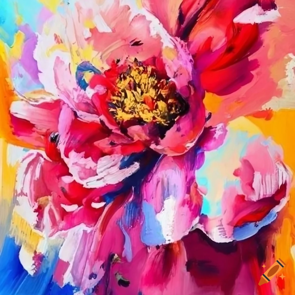 Colorful brushstroke oil painting of peony flowers